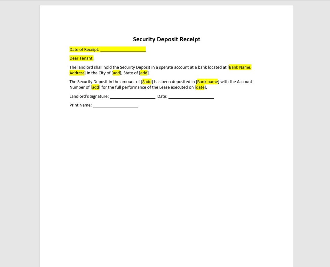 Security Deposit Receipt Form Template, Security Deposit Receipt Form ...