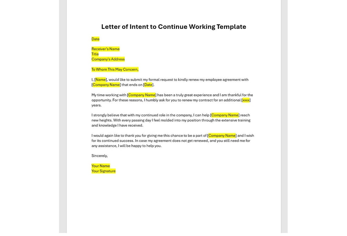Letter of Intent to Continue Working Template, Letter of Intent Template, Continue Working ...