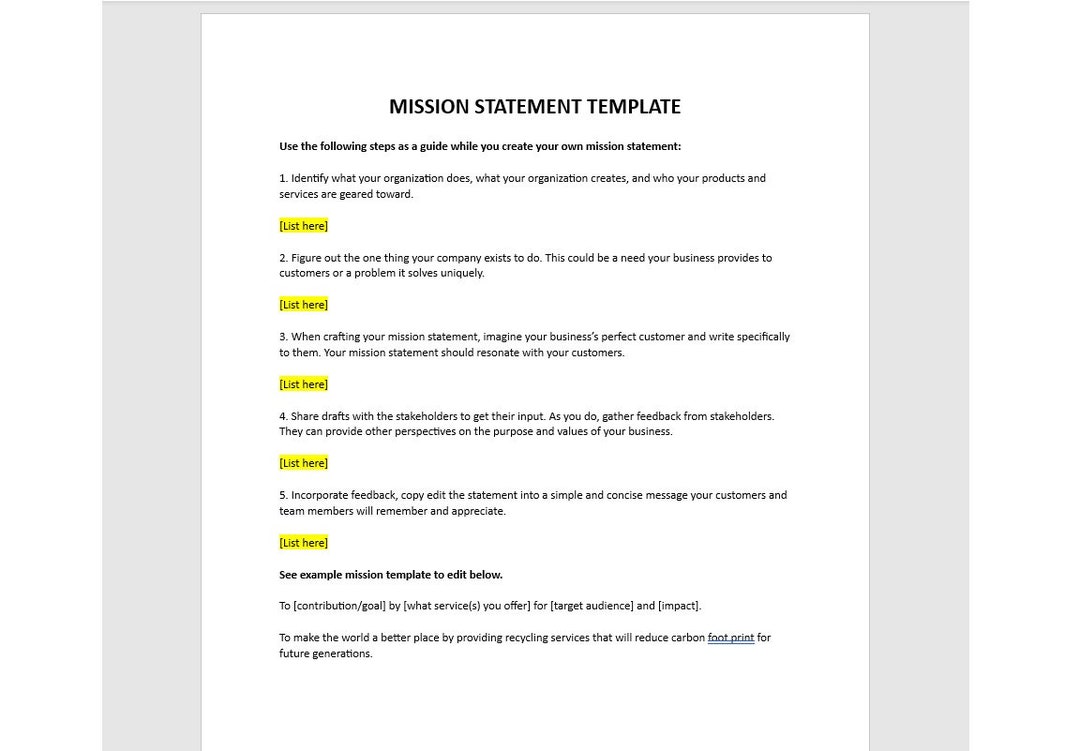 Editable Mission Statement, Mission Statement Template, Mission ...