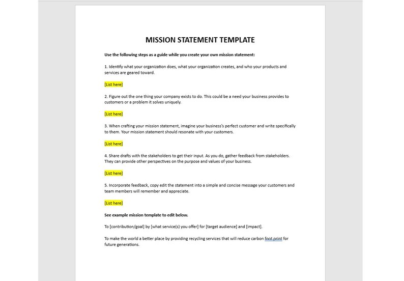Editable Mission Statement, Mission Statement Template, Mission Statement Builder, Statement ...