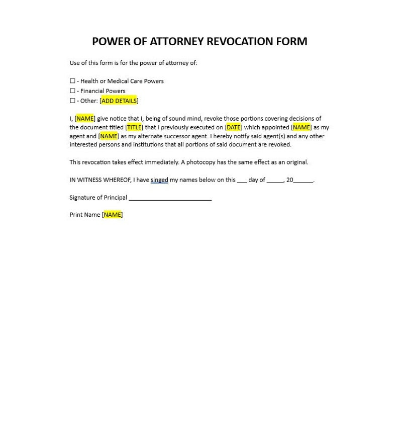 Revocation Power of Attorney Form, Revocation Power of Attorney Form ...