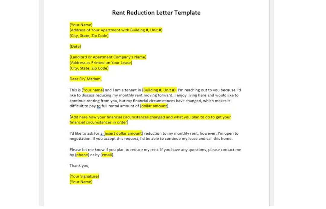 Rent Reduction Letter Template, Reduce Rent Letter, Reduce Renttemplate ...