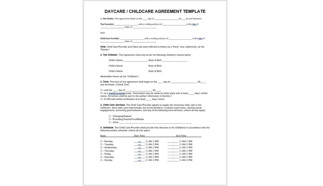 Editable Daycare Childcare Agreement, Childcare Agreement, Daycare ...