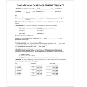 Editable Daycare Childcare Agreement, Childcare Agreement, Daycare ...