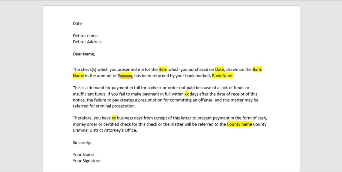 Carta de demanda de cheque sin fondos, Plantilla de carta de demanda de ...