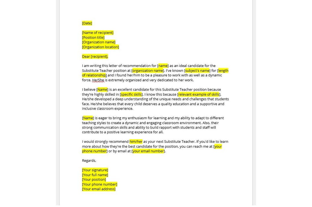 Substitute Teacher Recommendation Letter Template, Substitute Teacher ...