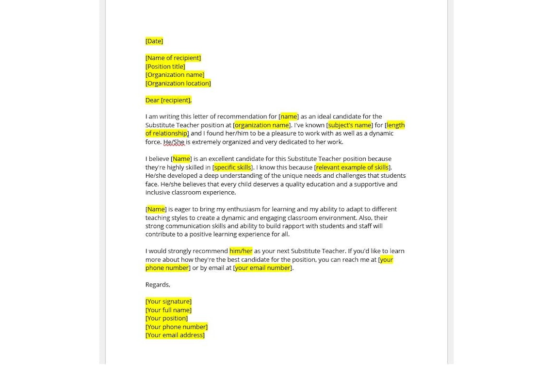 Substitute Teacher Recommendation Letter Template, Substitute Teacher ...