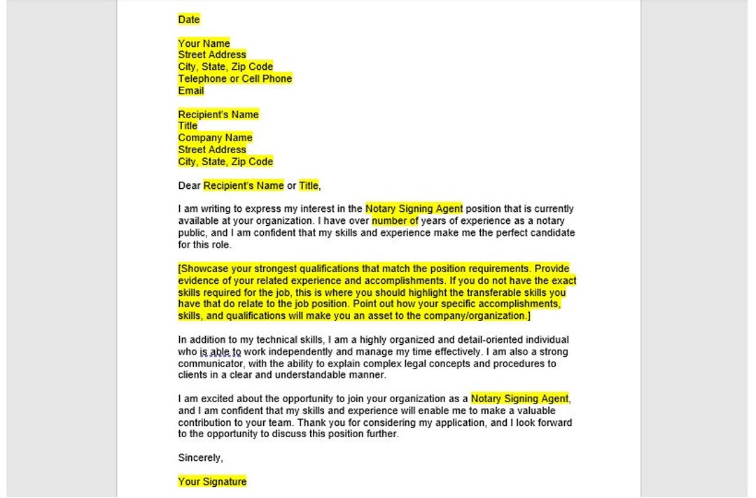 Notary Signing Agent Cover Letter Word Template, Editable Cover Letter ...