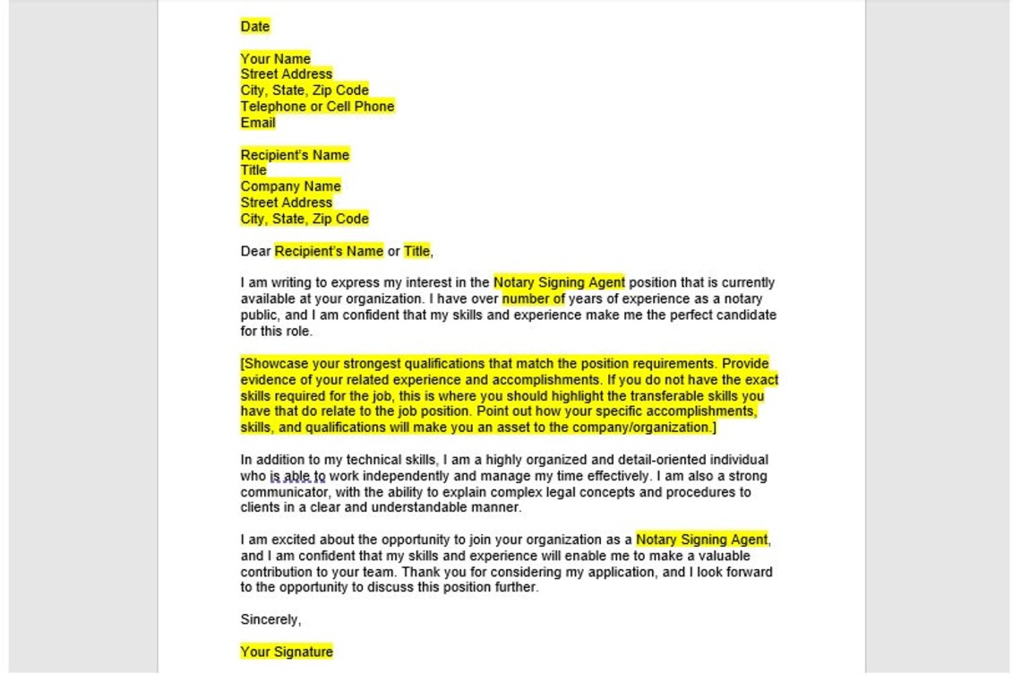 Notary Signing Agent Cover Letter Word Template, Editable Cover Letter ...