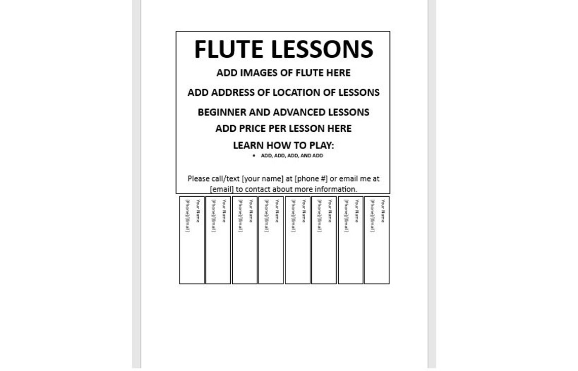 Editable Flute Lessons Tear-off Flyer, Flute Lessons Tear-off Flyer ...