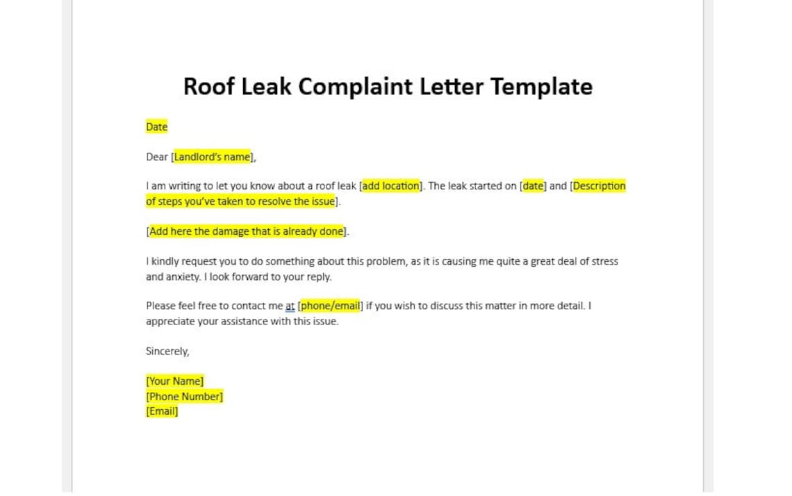 Editable Roof Leak Complaint Letter to Landlord, Roof Leak Complaint ...