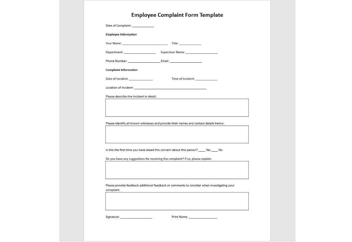 Editable Employee Complaint Form Template, Complaint Template ...