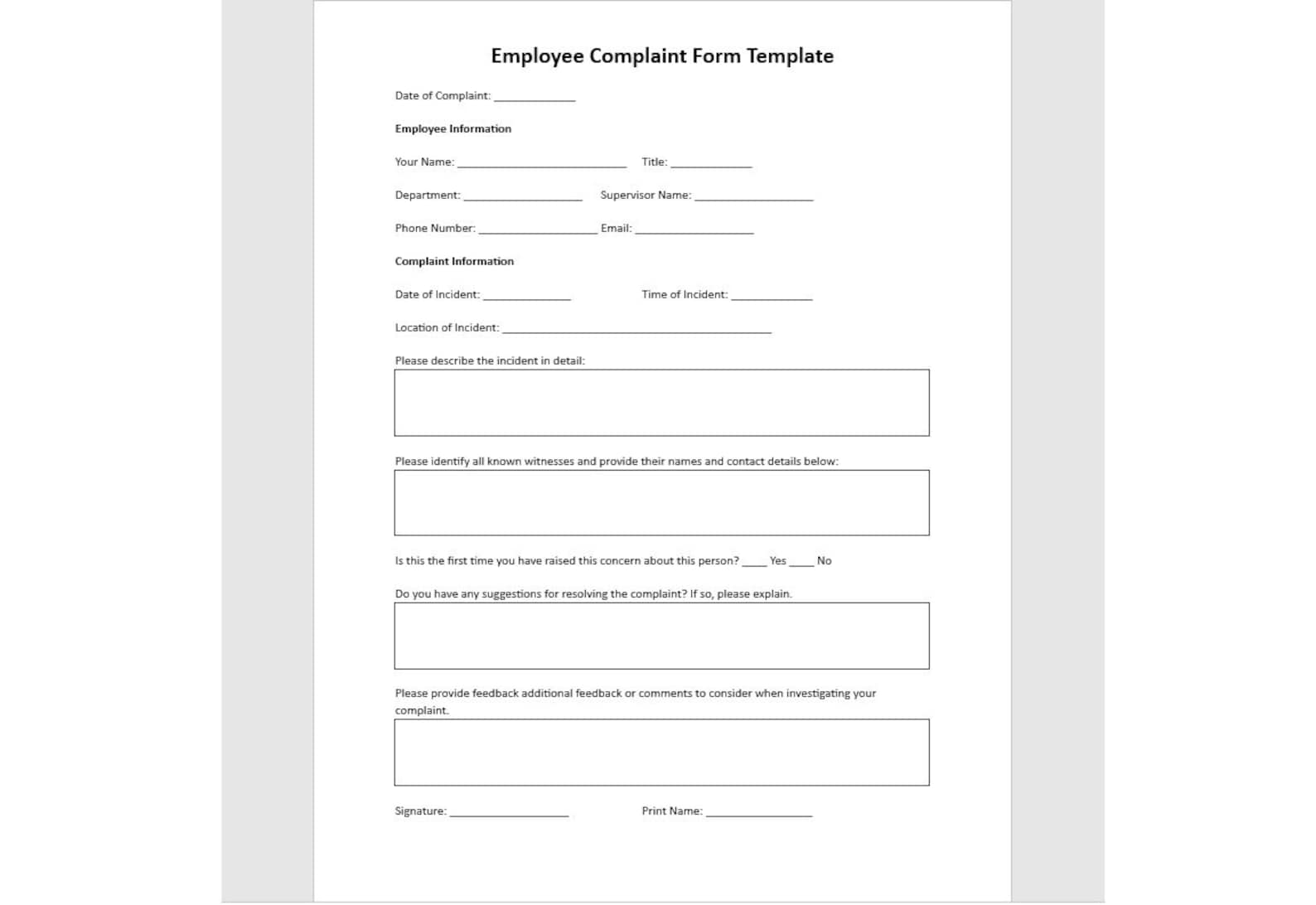 Editable Employee Complaint Form Template, Complaint Template ...