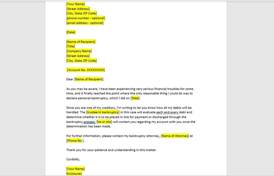 Bankruptcy Letter to Creditors Template, Bankruptcy Letter to Creditors ...
