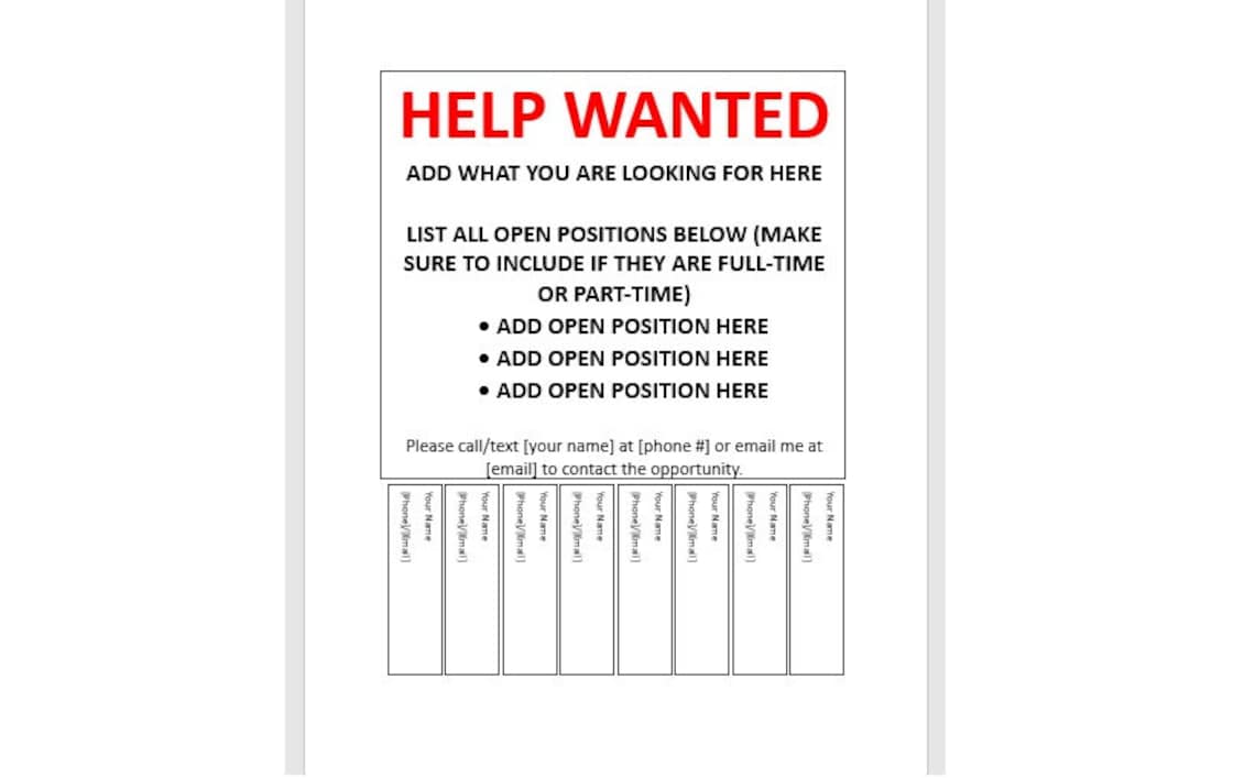 Editable Help Wanted Tear-off Flyer, Tear-off Flyer Template, Help ...