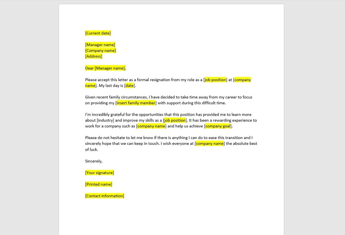 Family Support Resignation Letter, Resignation Letter, Resignation ...