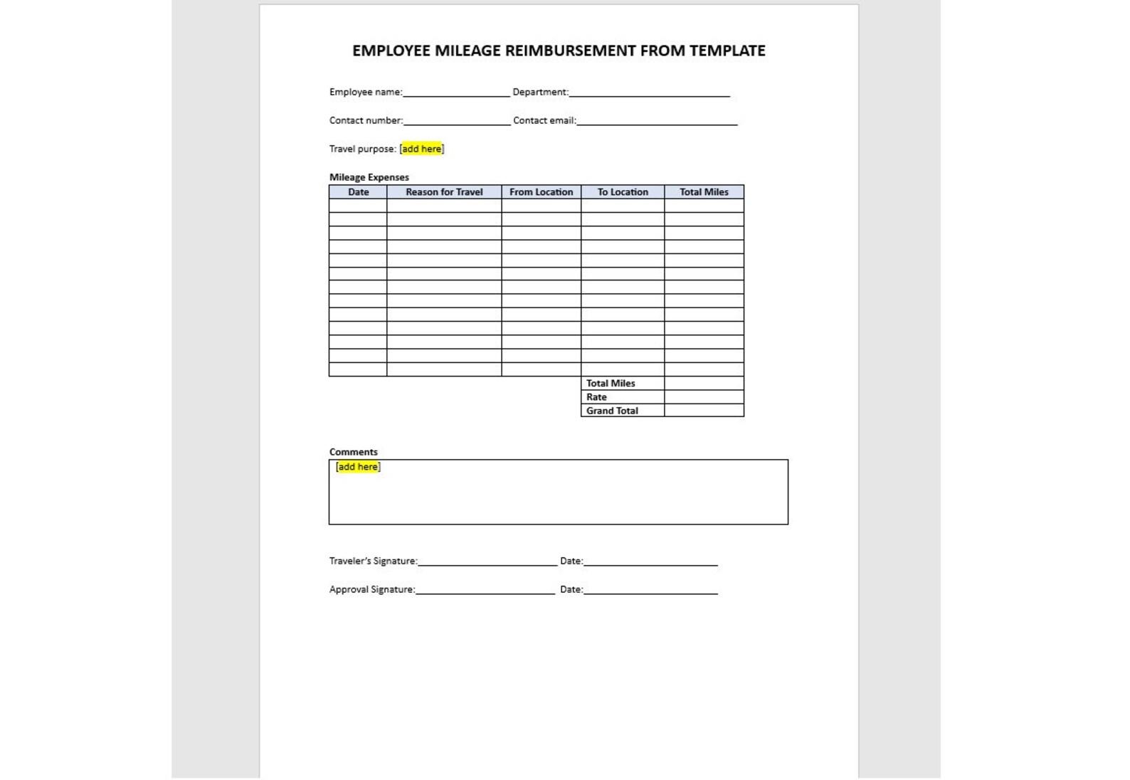 Editable Employee Mileage Reimbursement Form, Employment Reimbursement ...