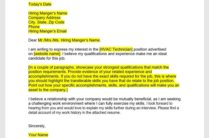 HVAC Technician Cover Letter, Cover Letter Template, Editable Cover ...