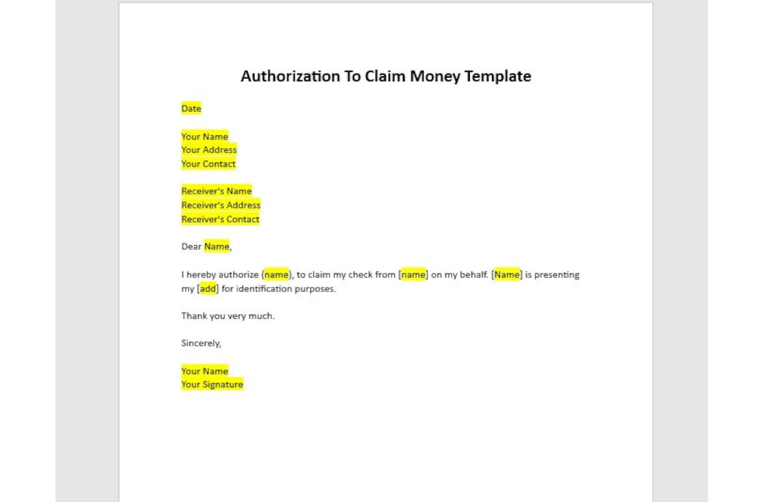 Editable Authorization to Claim Money Template, Authorization to Claim ...