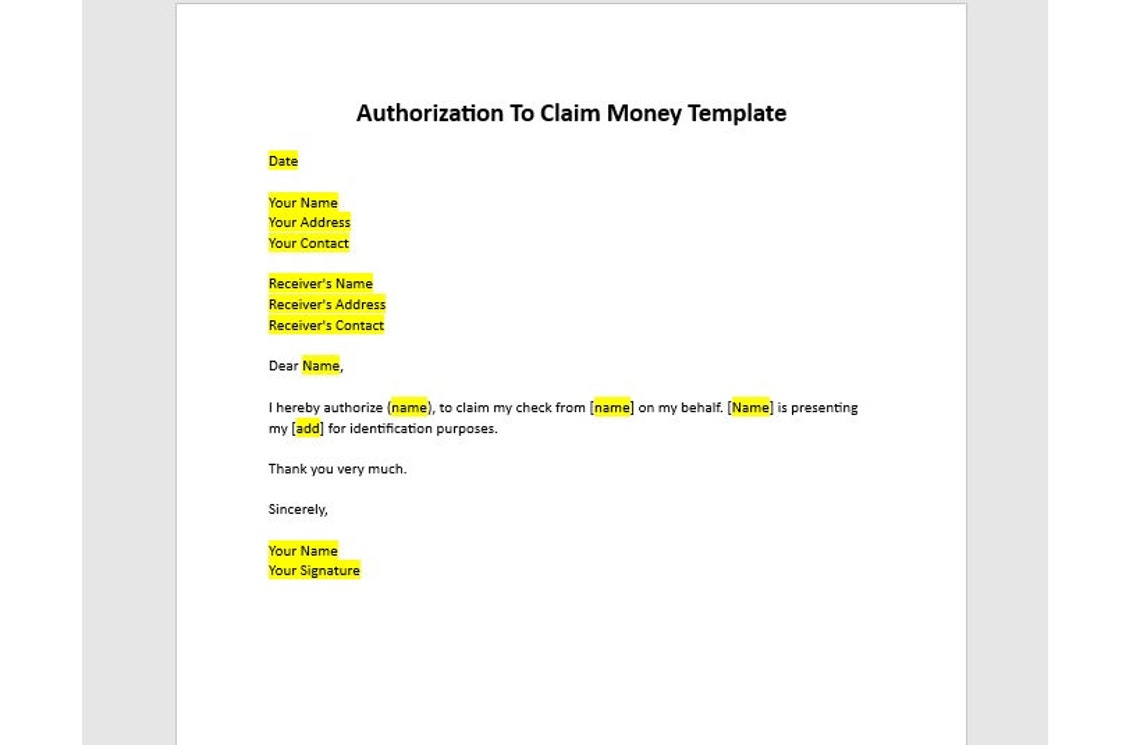 Editable Authorization to Claim Money Template, Authorization to Claim Money, Claim Money Letter ...