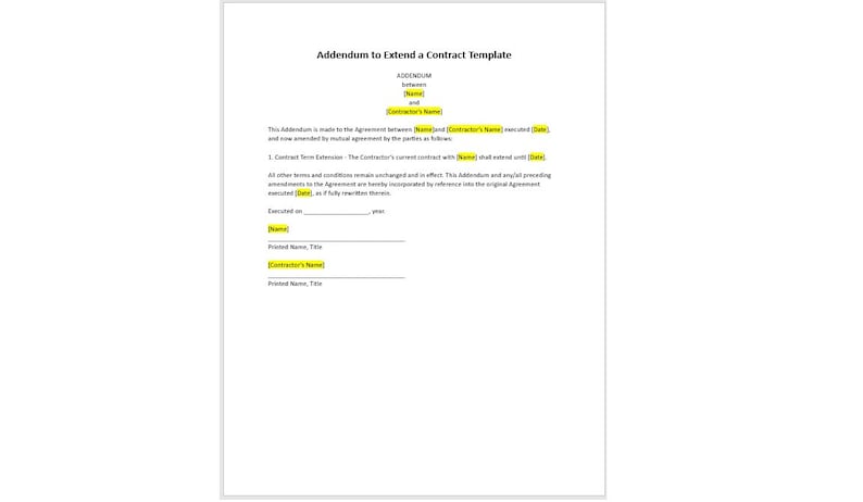 Editable Contract Template, Addendum to Extend a Contract Template ...