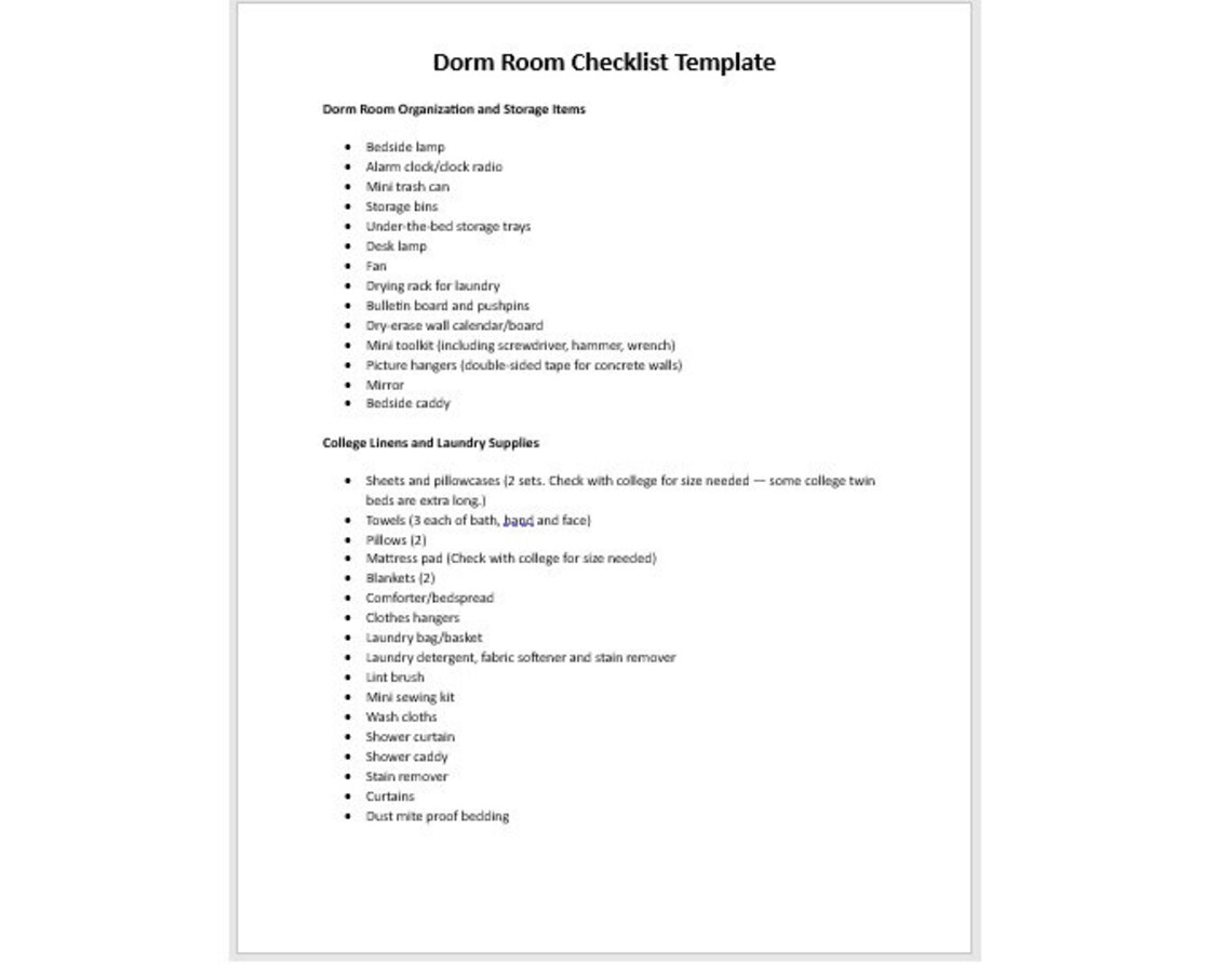 Editable Dorm Room Checklist, First Dorm Room Checklist, College Dorm ...