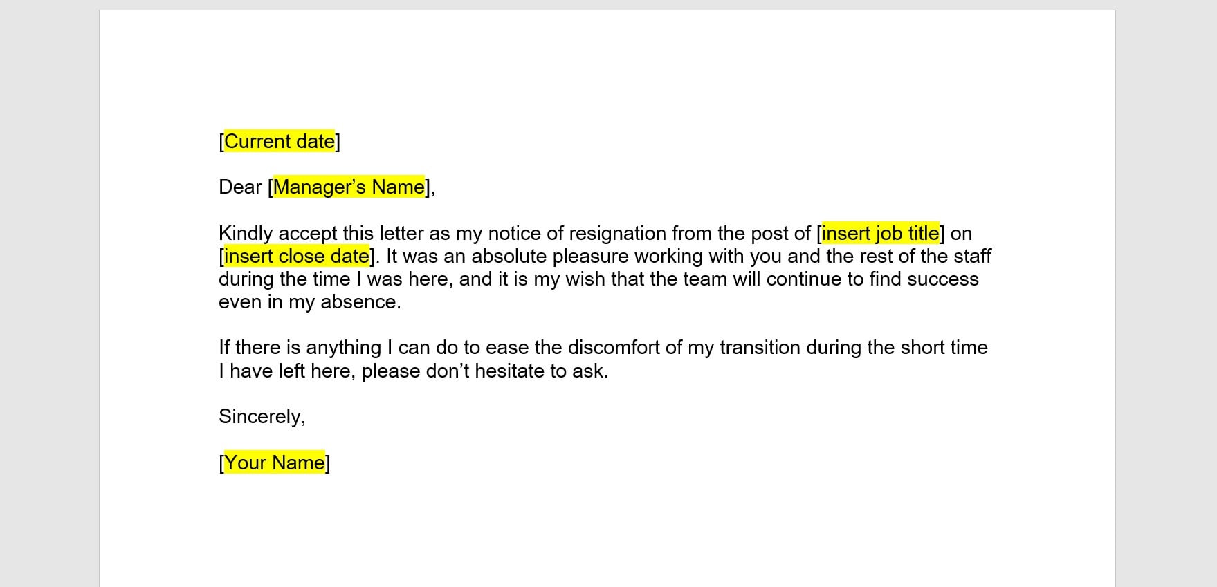 Resignation Letter Without Reason Immediate Resignation Letter For