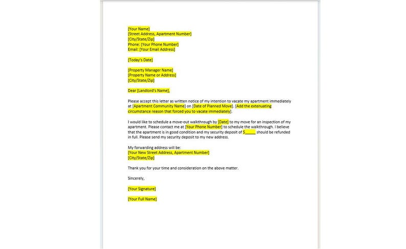 Notice to Vacate Immediately Letter Template, Notice to Vacate Letter ...