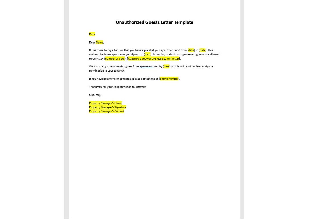 Tenant Long Term Guests Violation Letter Template, Long Term Guests ...