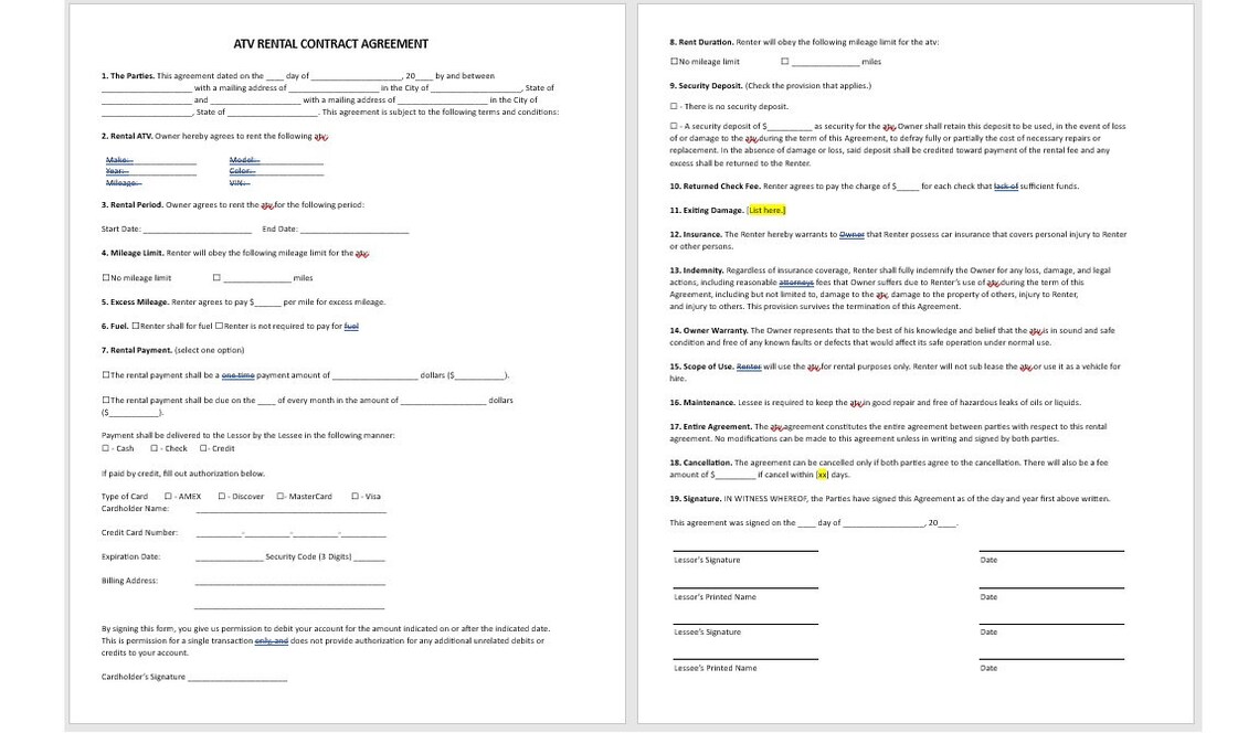 Editable ATV Rental Contract Agreement, Atv Rental Contract Template ...