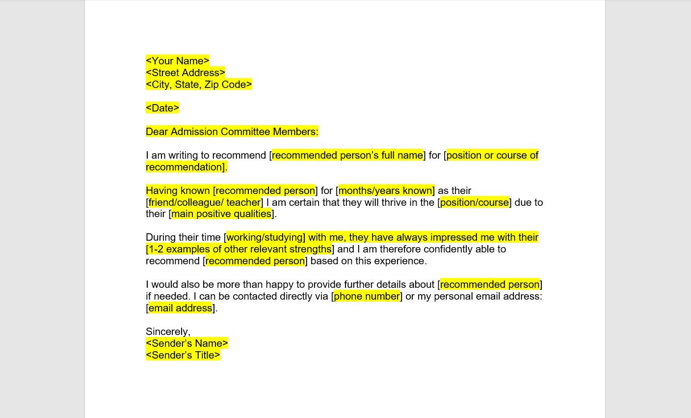 Academic Recommendation Letter Template, Academic Recommendation Letter ...