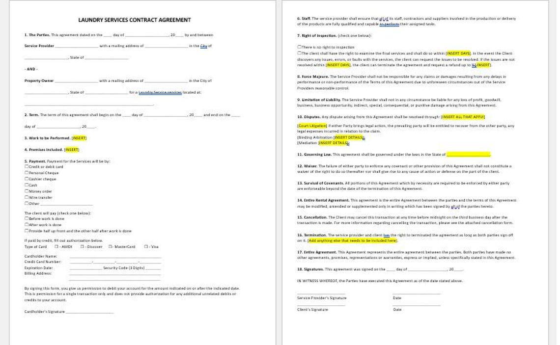 Editable Laundry Services Contract, Laundry Services Contract Template ...