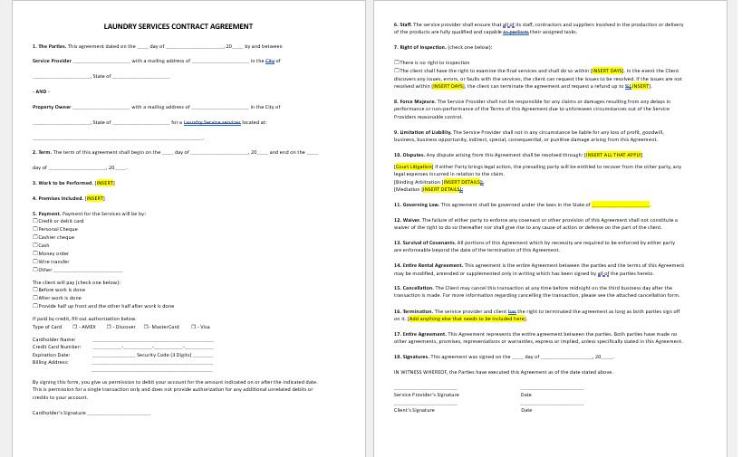 Editable Laundry Services Contract, Laundry Services Contract Template ...