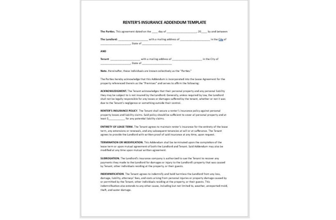 Editable Renter's Insurance Addendum, Renter's Insurance Addendum ...