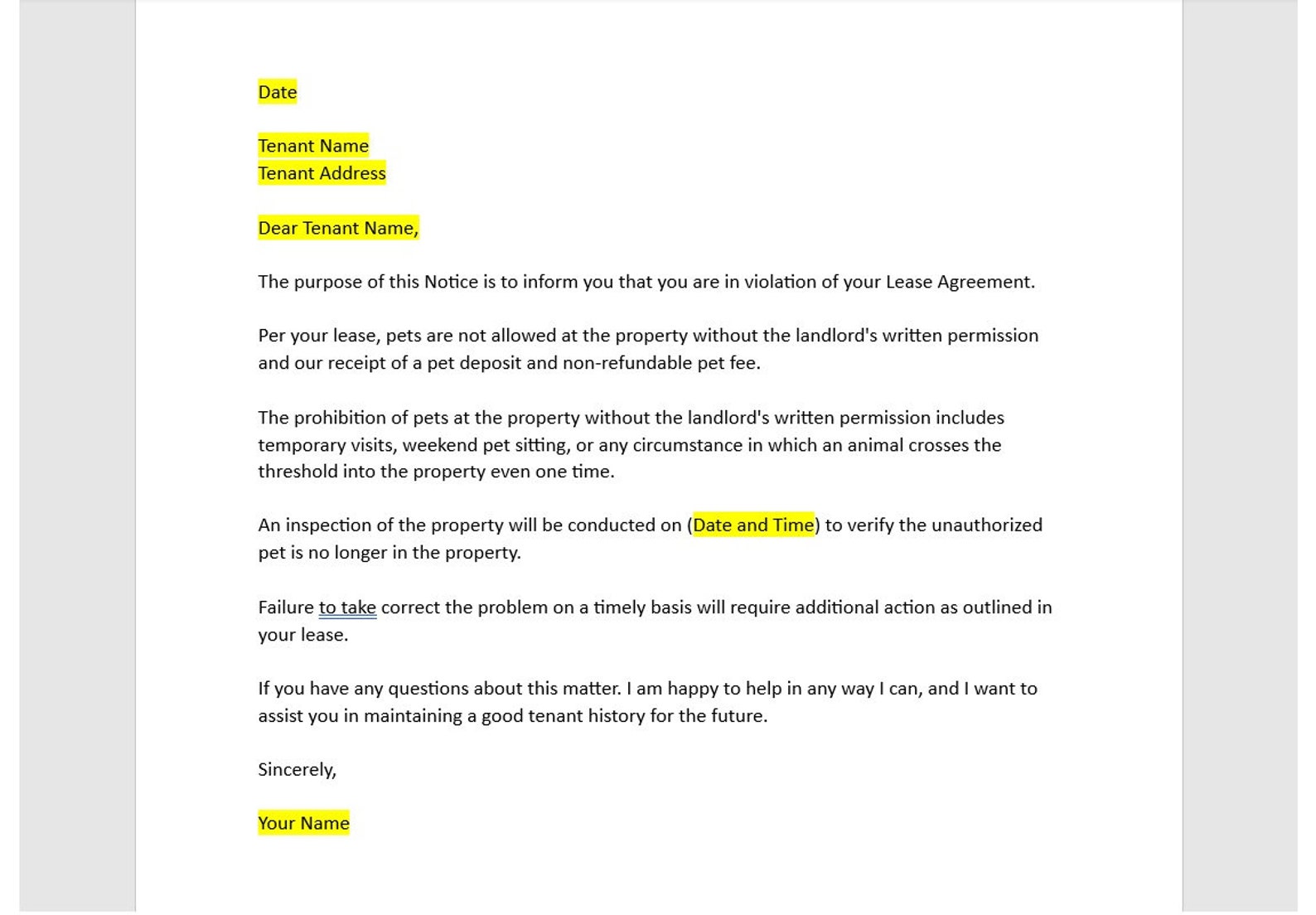 Landlord Notice of Pet Violation Letter, Notice of Pet Violation Letter ...