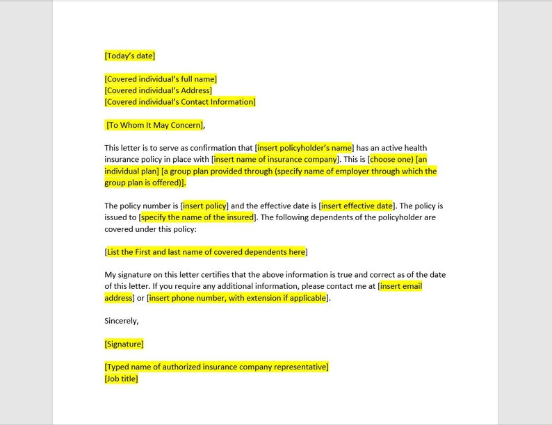 Proof of Insurance Letter Template, Proof of Insurance Letter, Proof of ...