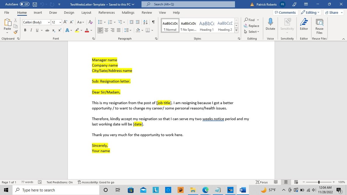 Two Weeks Notice Letter Template, Two Weeks Notice Letter, Two Weeks ...