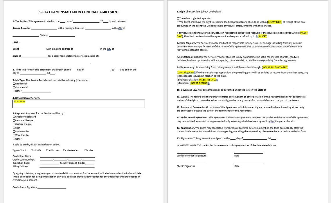 Editable Spray Foam Installation Contract, Spray Foam Installation Contract Template, Spray Foam ...