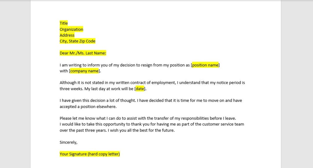 Three Weeks Notice Letter Template Three Weeks Notice Letter - Etsy ...