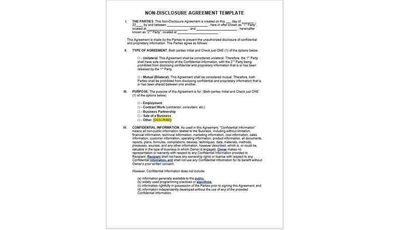 Editable Confidentiality Agreement, Non-disclosure Agreement, NDA ...