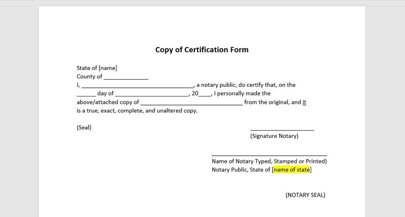 Copy of Certification Notary Acknowledgement Form, Notary ...