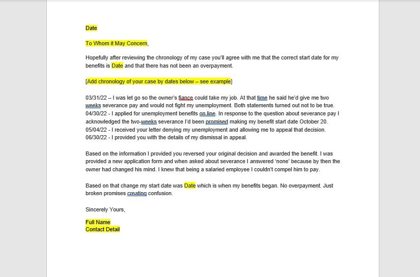 Appeal Letter For Unemployment Overpayment Sample