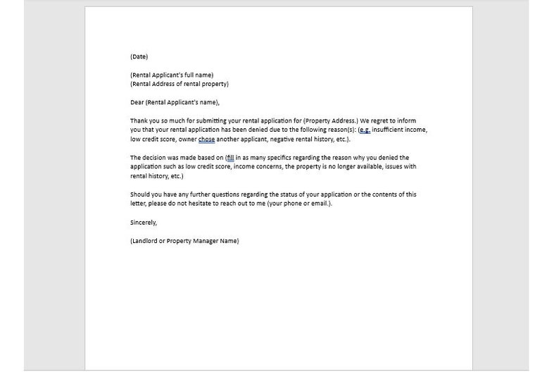 Editable Rental Application Denial Letter Template, Rental Application ...