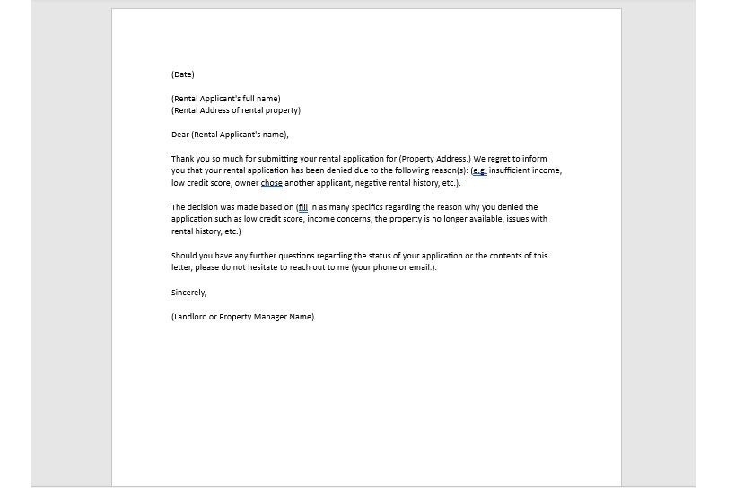 Editable Rental Application Denial Letter Template, Rental Application ...