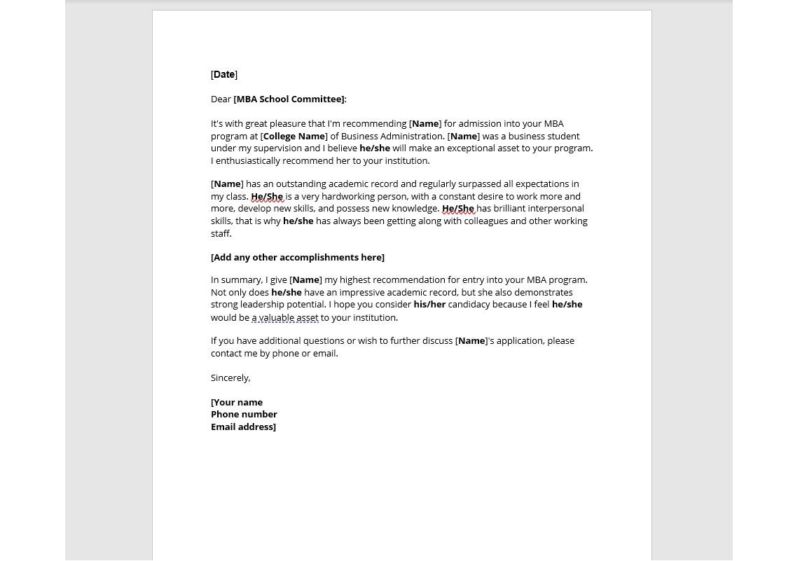 Mba Recommendation Letter Format MBA Recommendation Letter | PDF