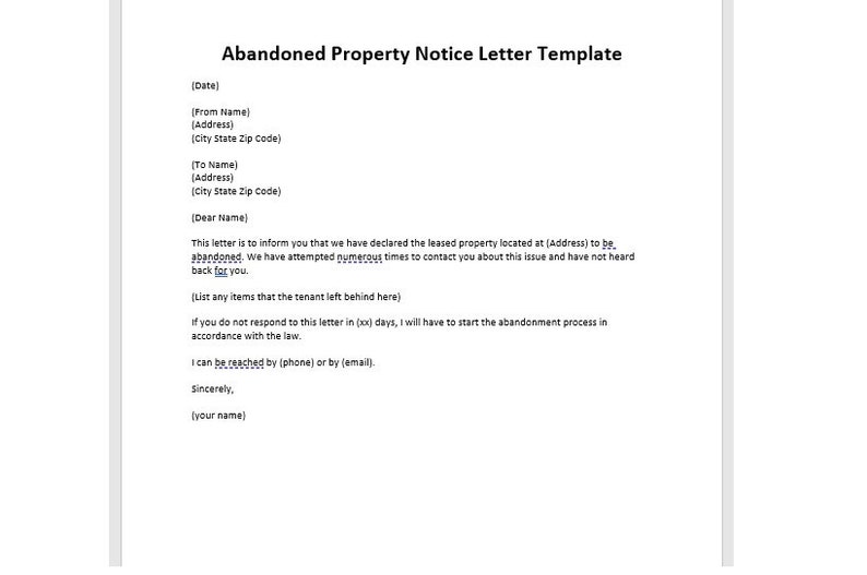 Abandoned Property Notice Letter Template, Abandoned Property Letter ...