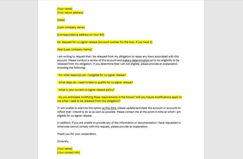 Co-signer Release, Co-signer Release Letter Template, Co-signer Release ...