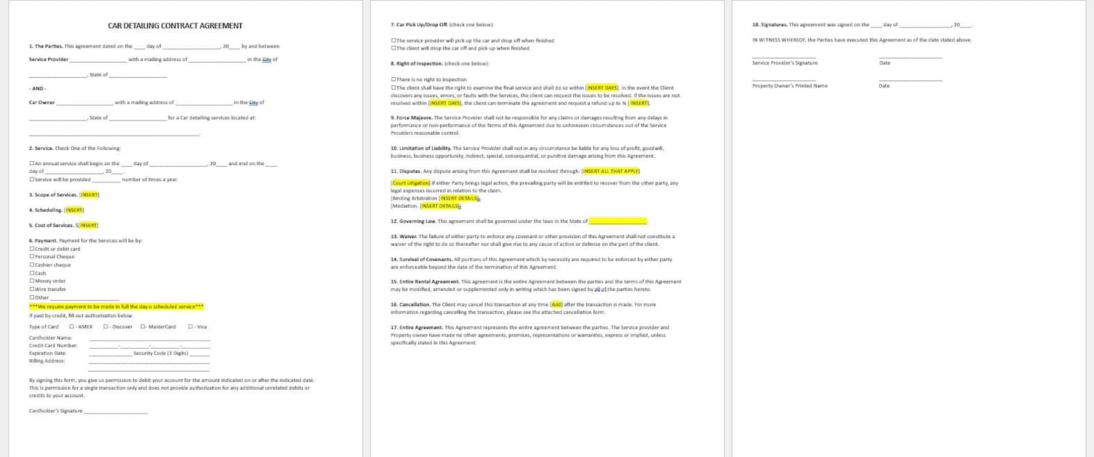 Editable Car Detail Contract, Car Detail Contract Template, Car Detail ...