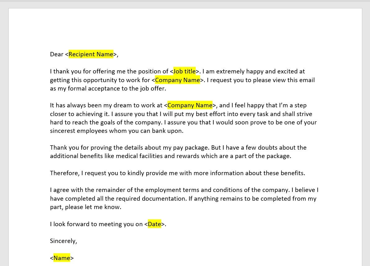 Job Offer Acceptance Letter, Job Offer Acceptance Template Letter, Job ...