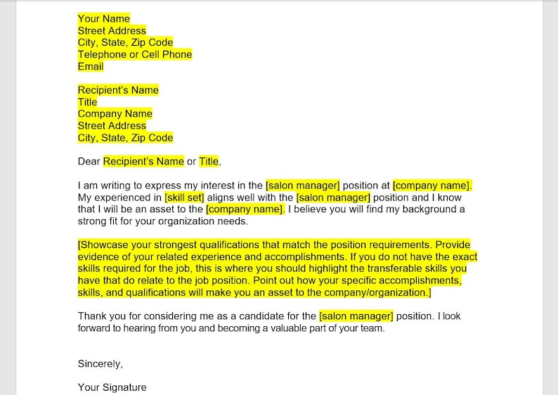 Salon Manager Cover Letter, Cover Letter Template, Editable Cover ...